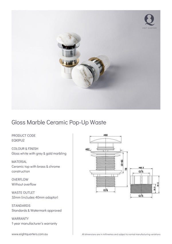 Gloss Marble Ceramic Pop-up Waste - Eight Quarters